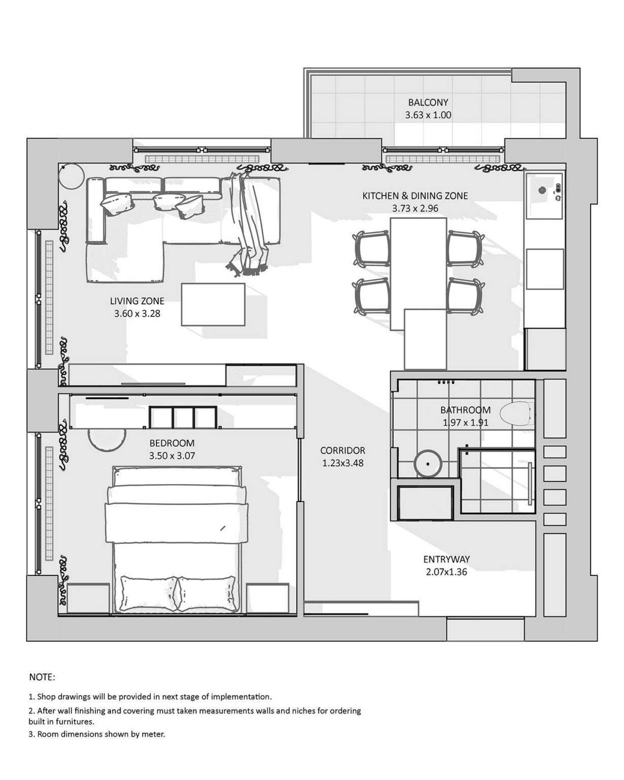 Modern interior design of 46.6 sqm apartment for newlyweds